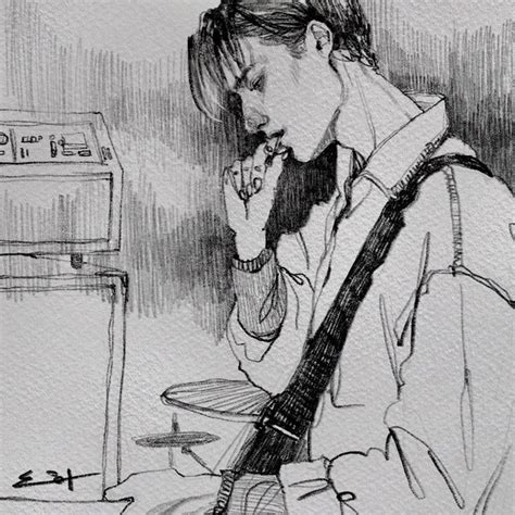 A Black And White Drawing Of A Person Sitting At A Desk Talking On The Phone