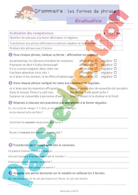 Les formes de phrase affirmative et négative Évaluation de