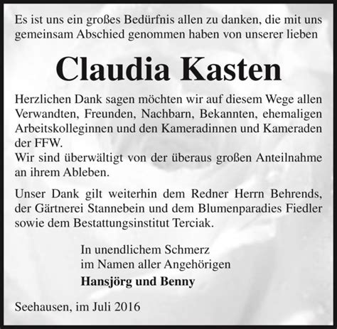 Traueranzeigen Von Claudia Kasten Abschied Nehmen De