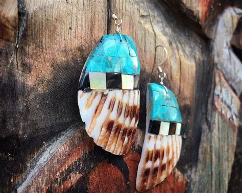 Turquoise Earrings On Spiny Oyster Shell Santo Domingo Mosaic Inlay