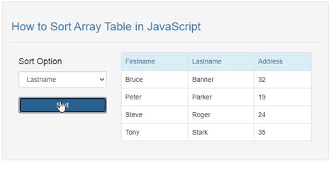 how to sort array table with options in javascript sourcecodester
