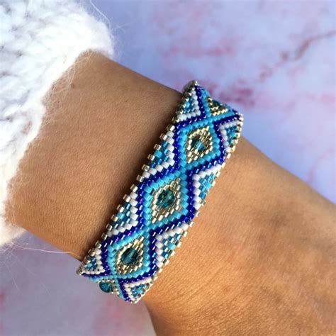 Bracelet tissé en perles Miyuki bleu et argenté Pyreneesia