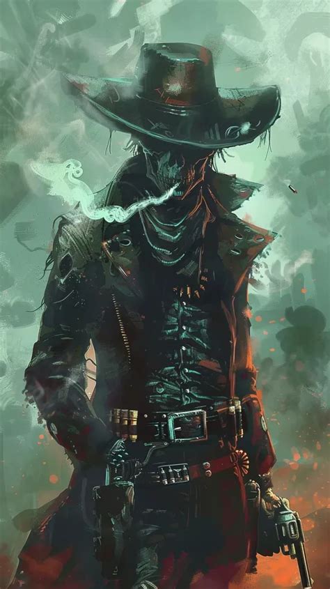 Skeleton Cowboy Smoking Armed In Misty Green And Red Background
