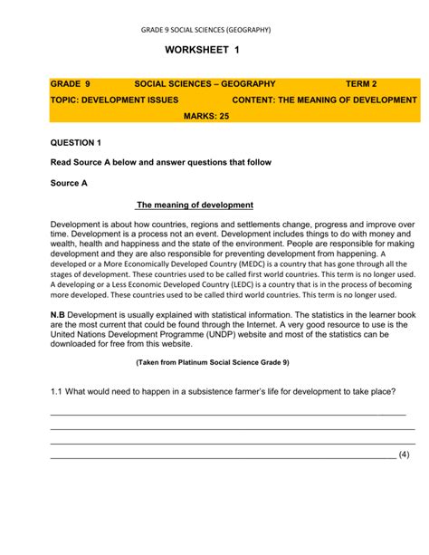 Social Sciences Grade Geography Worksheet May