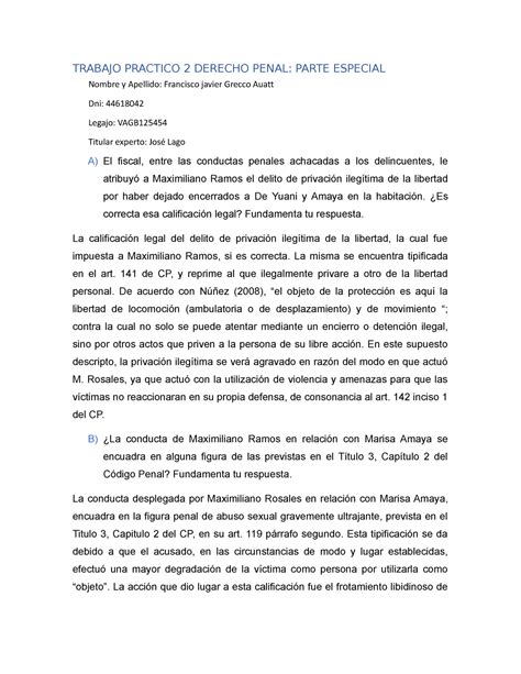 TP2 Derecho Penal Parte Especial TRABAJO PRACTICO 2 DERECHO PENAL