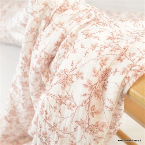 Double Gaze De Coton Bio Gots Oeko Tex Jeannine Motifs Fleurs Fond Blanc