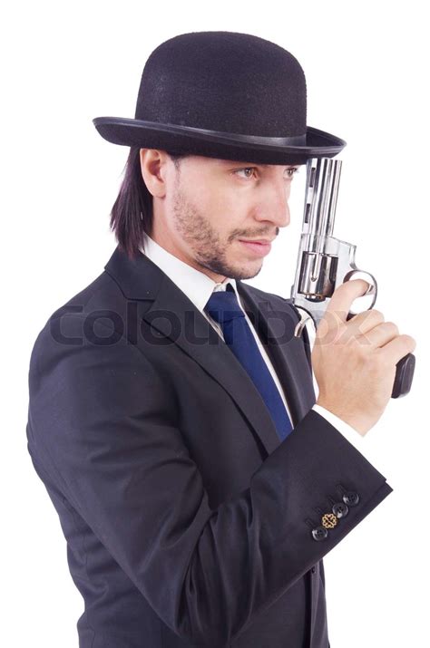 Mand med pistol isoleret på den hvide Stock foto Colourbox