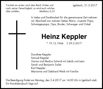 Traueranzeigen von Heinz Keppler Schwarzwälder Bote Trauer