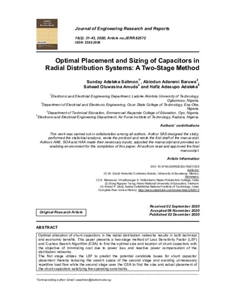 pdf optimal placement and sizing of capacitors in radial distribution systems a two stage