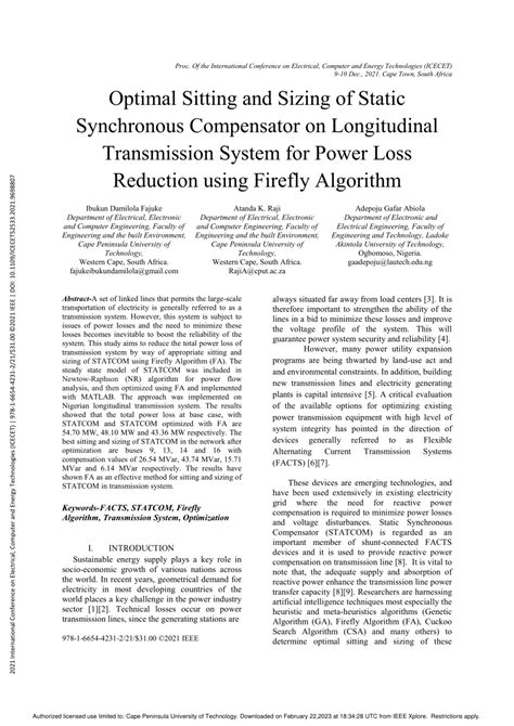 pdf optimal sitting and sizing of static synchronous compensator on longitudinal transmission