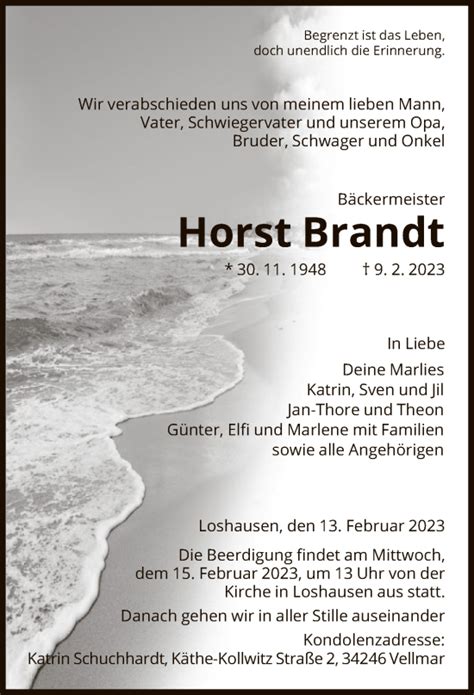 Traueranzeigen Von Horst Brandt Trauer HNA De