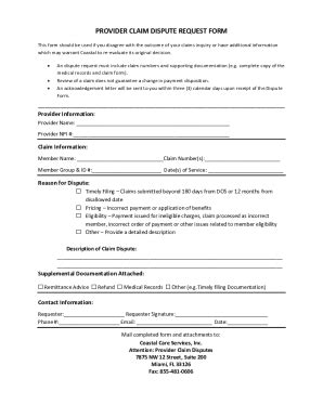 Fillable Online Provider Claims Inquiry Or Dispute Request Form865557