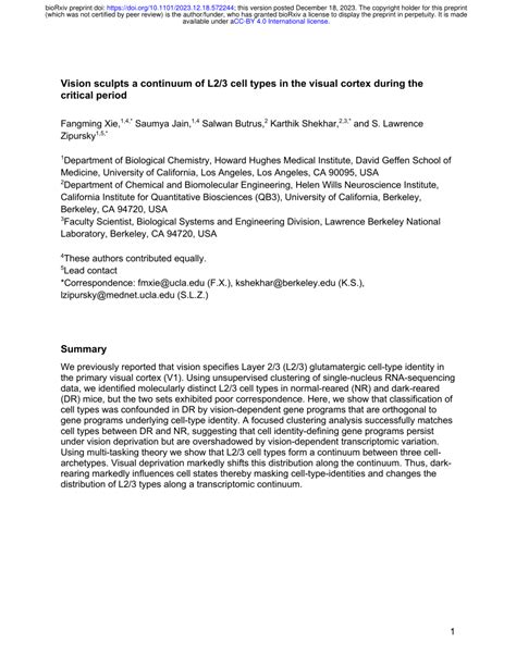 PDF Vision Sculpts A Continuum Of L2 3 Cell Types In The Visual