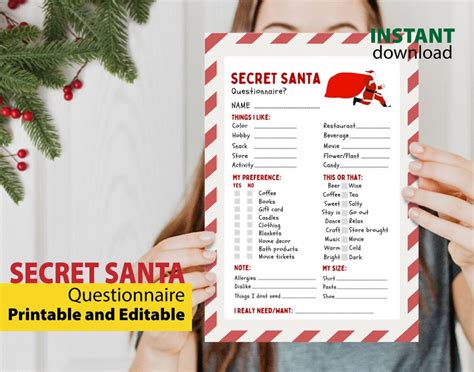 Secret Santa Questionnaire Printable And Editable Secret Santa Form