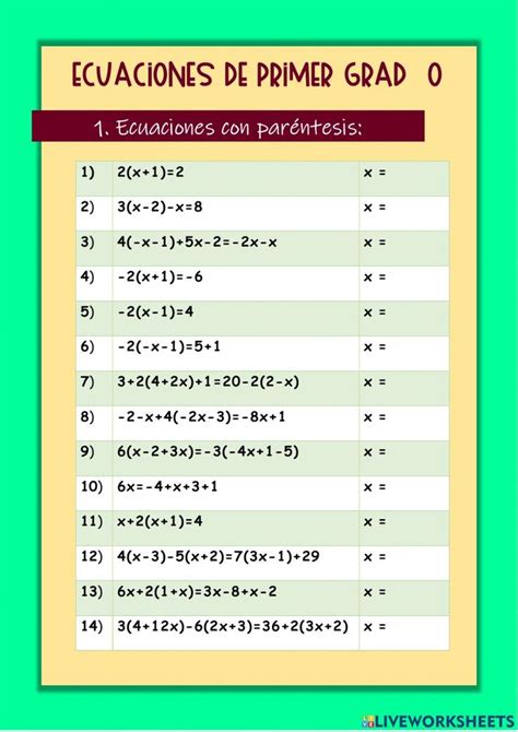 Ecuaciones De Primer Grado Con Par Ntesis Online Worksheet Ecuaciones