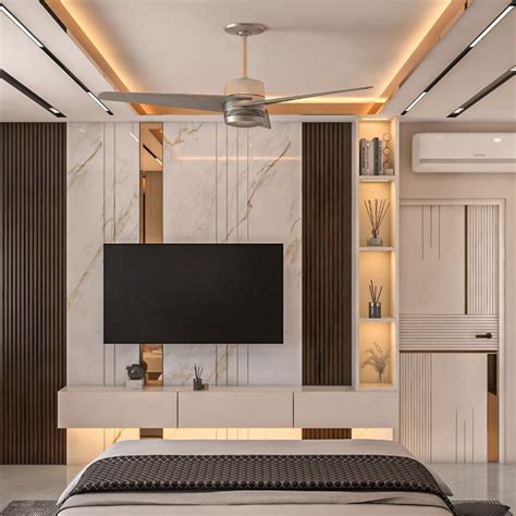 A Modern Bedroom With White Walls And Marble Flooring Built In