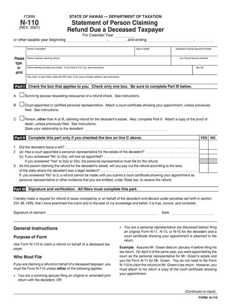 Fillable Online Form N Statement Of Person Claiming Refund Due A