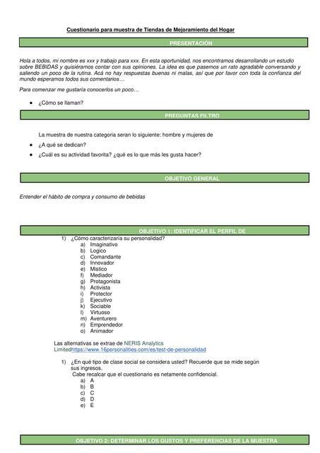 Cuestionario Para Muestra De Tiendas De Mejoramiento Del Hogar Isabel