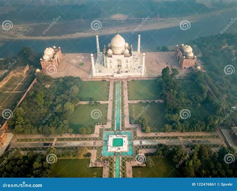 Aerial View Of Taj Mahal In Agra India Covered With Morning Fog Stock