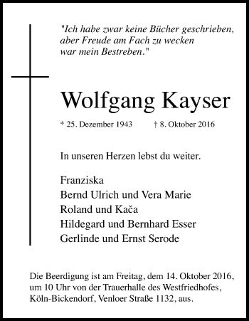 Traueranzeigen Von Wolfgang Kayser WirTrauern