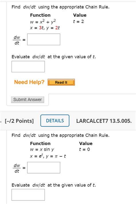 solved find dw dt using the appropriate chain rule function