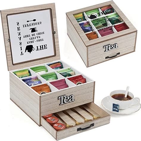 JAZUIHA Teebox Holz mit Schublade Rustikale Teeboxen für Teebeutel
