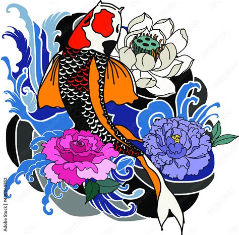 Hand Drawn Koi Fish With Flower Tattoo For Arm Colorful Koi Carp With