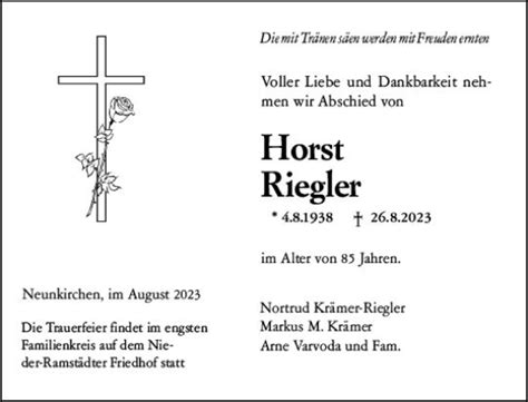 Traueranzeigen Von Horst Riegler Vrm Trauer De
