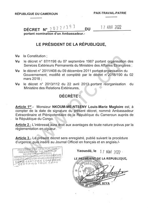 D Cret N Du Ao T Portant Nomination D Un Ambassadeur