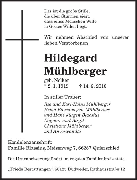 Traueranzeigen von Hildegard Mühlberger trauer merkur de