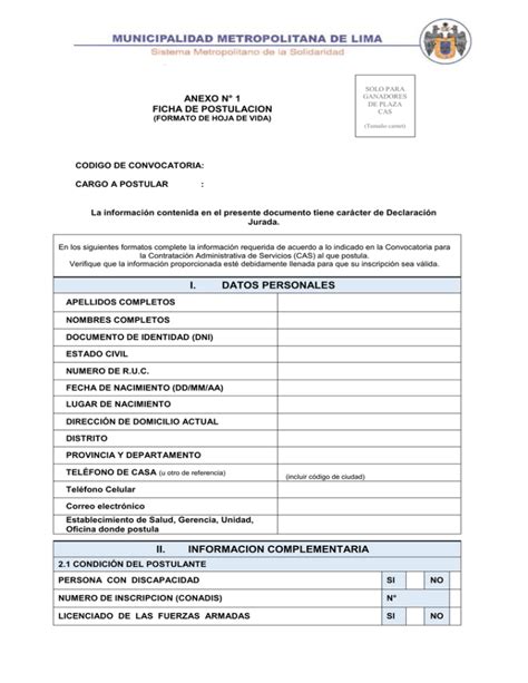 ANEXO N 1 FICHA DE POSTULACION