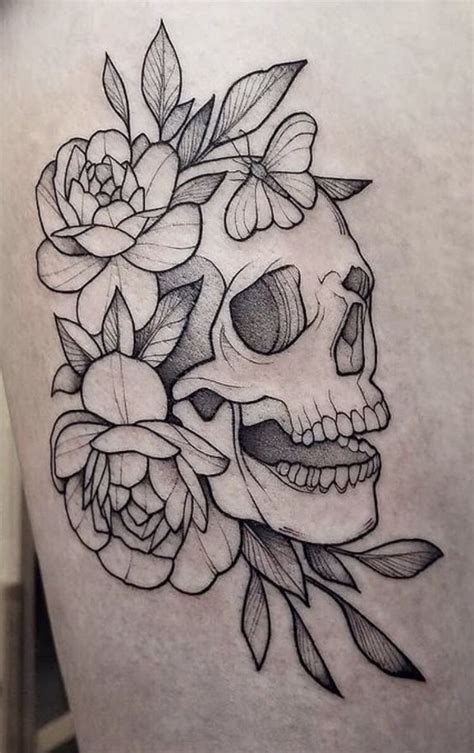 Feminine Skull Tattoo With Flower Design