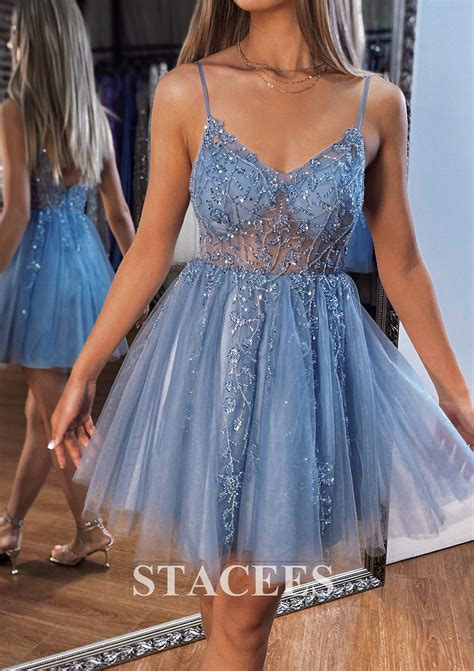 A Line V Neck Tulle Short Prom Dress With Beading Sequins Short Prom