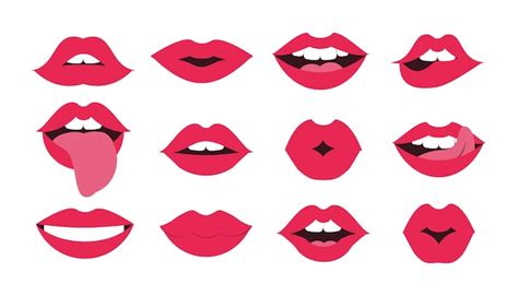 Labios Beso Set Sexy Boca Sonrisa Hembra Rojo Dibujos Animados Sonrisa