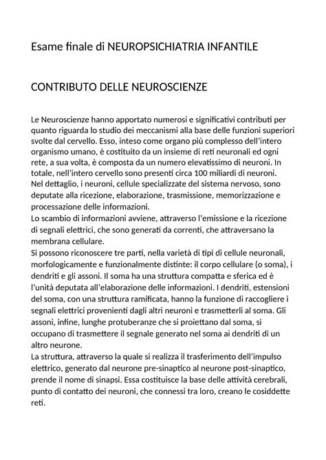 Contributo Delle Neuroscienze Esame Finale Di NEUROPSICHIATRIA