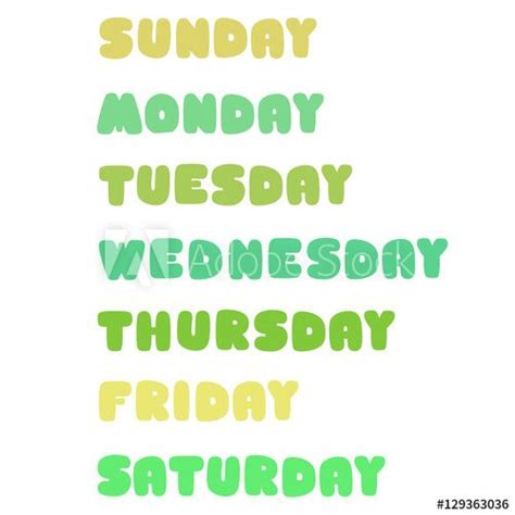 Days Of The Week Sunday Monday Tuesday Wednesday Thursday Friday
