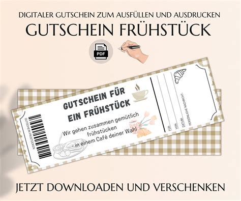 Gutschein zum Frühstück Vorlage zum Ausdrucken Frühstücksgutschein PDF