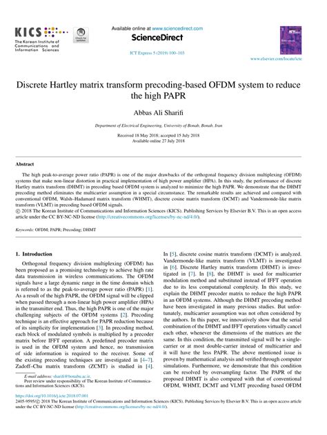 pdf discrete hartley matrix transform precoding based ofdm system to reduce the high papr