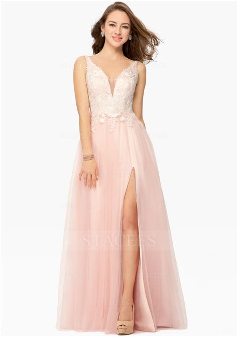 A Line V Neck Sleeveless Tulle Satin Long Floor Length Prom Dress With