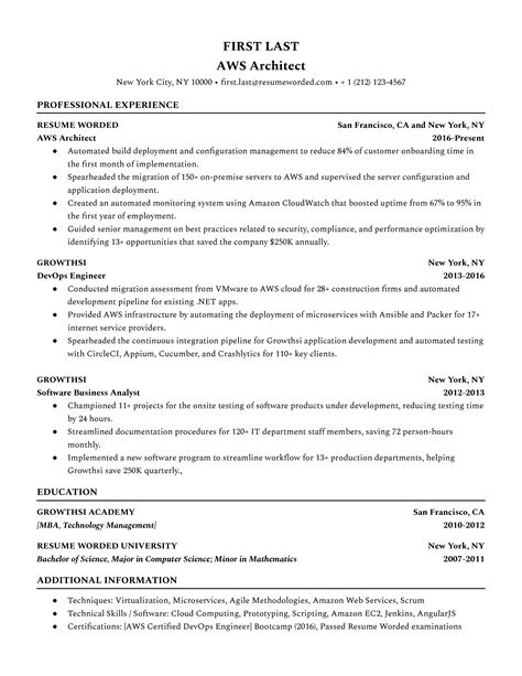 AWS Architect Resume Example For 2023 Resume Worded