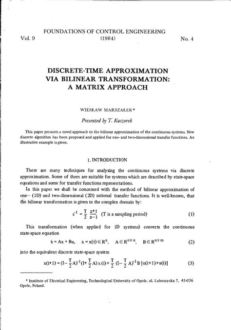 pdf discrete time approximation via bilinear transformation a matrix approach