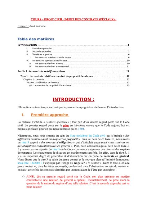 Contrat spé amphi COURS DROIT CIVIL DROIT DES CONTRATS SPÉCIAUX