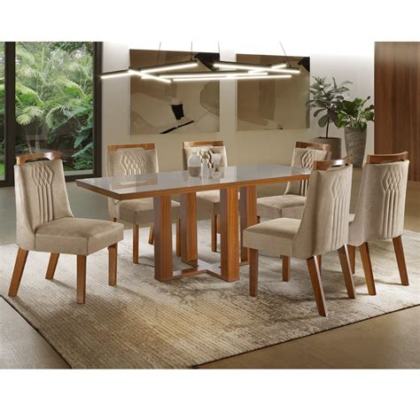 Conjunto Sala De Jantar Mesa Lottus Tampo MDF Vidro E 6 Cadeiras Dallas