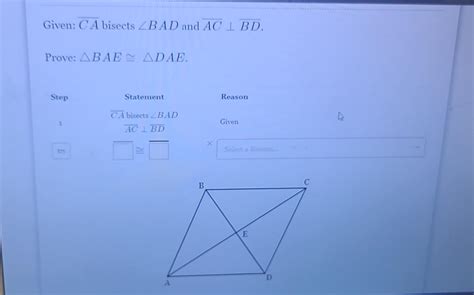 solved given ca bisects ∠bad and ac⊥bd prove bae≅ dae