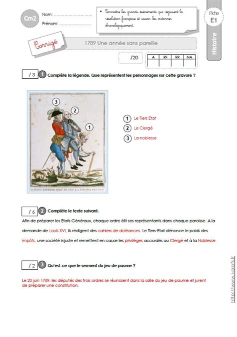 cm2 HISTOIRE La révolution de 1789 Evaluations corrigées