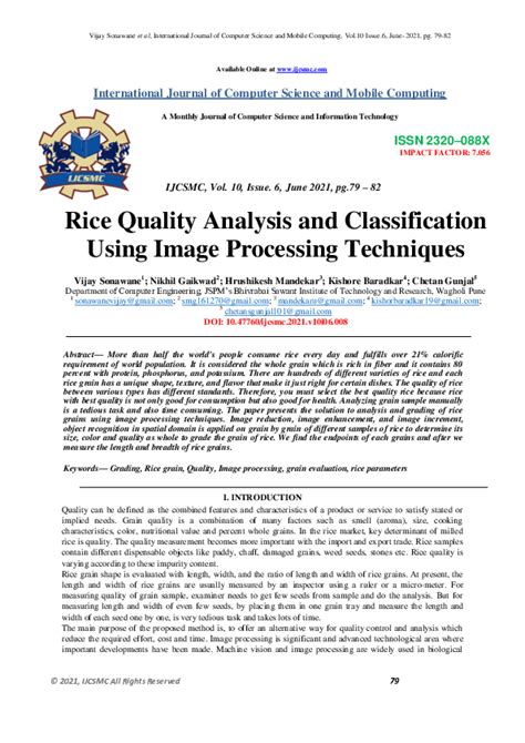 pdf rice quality analysis and classification using image processing techniques vijay