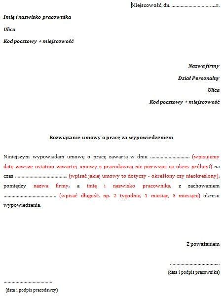 Wypowiedzenie Umowy O Prac Przez Pracownika Wz R