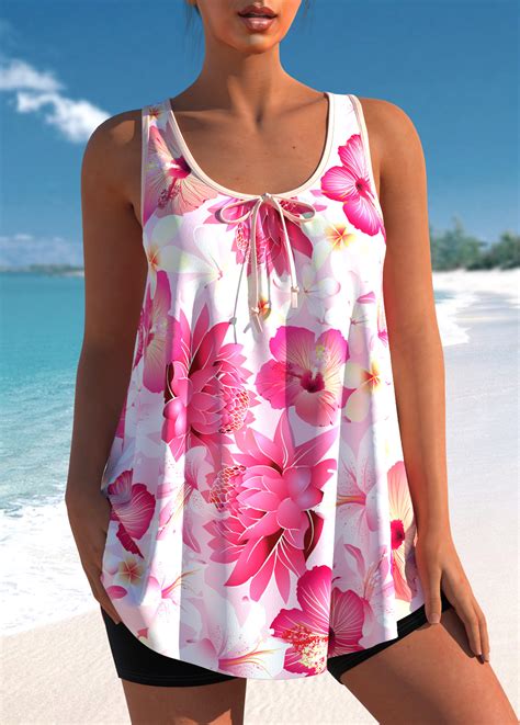 Floral Print Wide Strap Pink Tankini Top Modlily USD 38 98