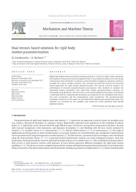 pdf dual tensors based solutions for rigid body motion parameterization daniel condurache