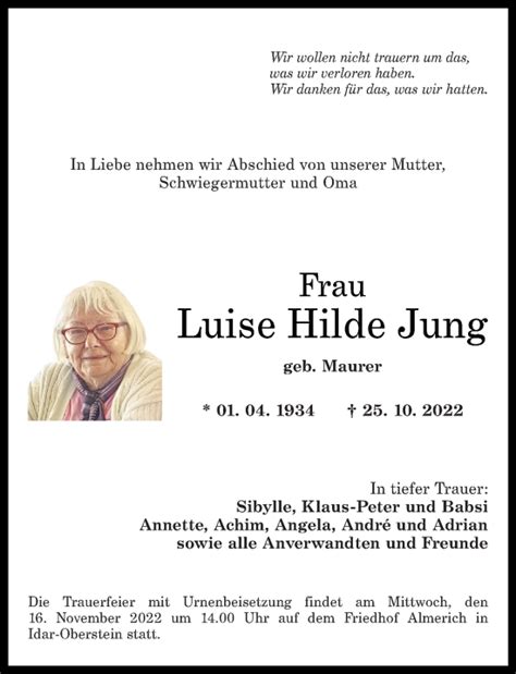 Traueranzeigen Von Luise Hilde Jung Rz Trauer De